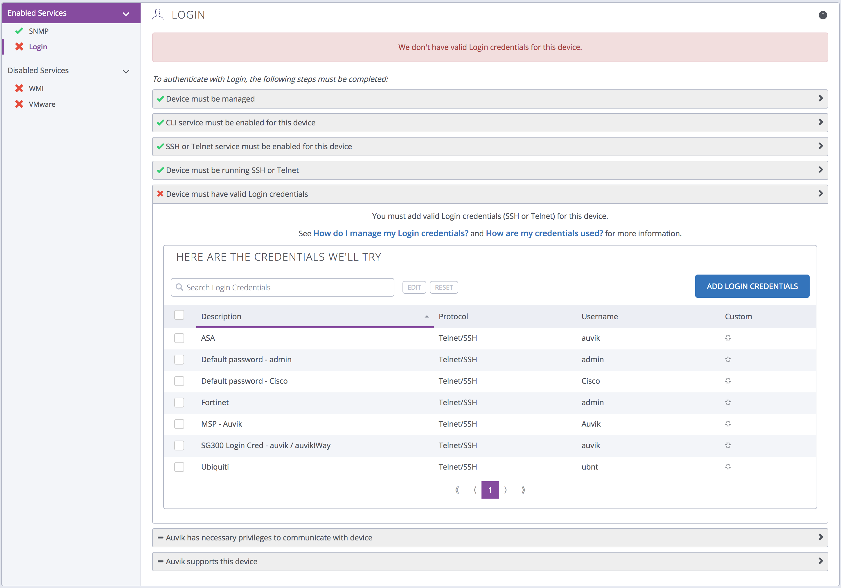 Troubleshoot login credentials – Auvik Support