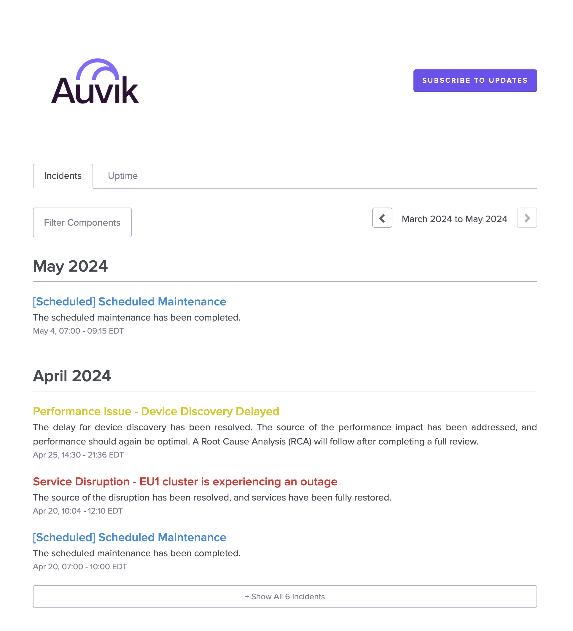 About the Auvik system status page – Auvik Support